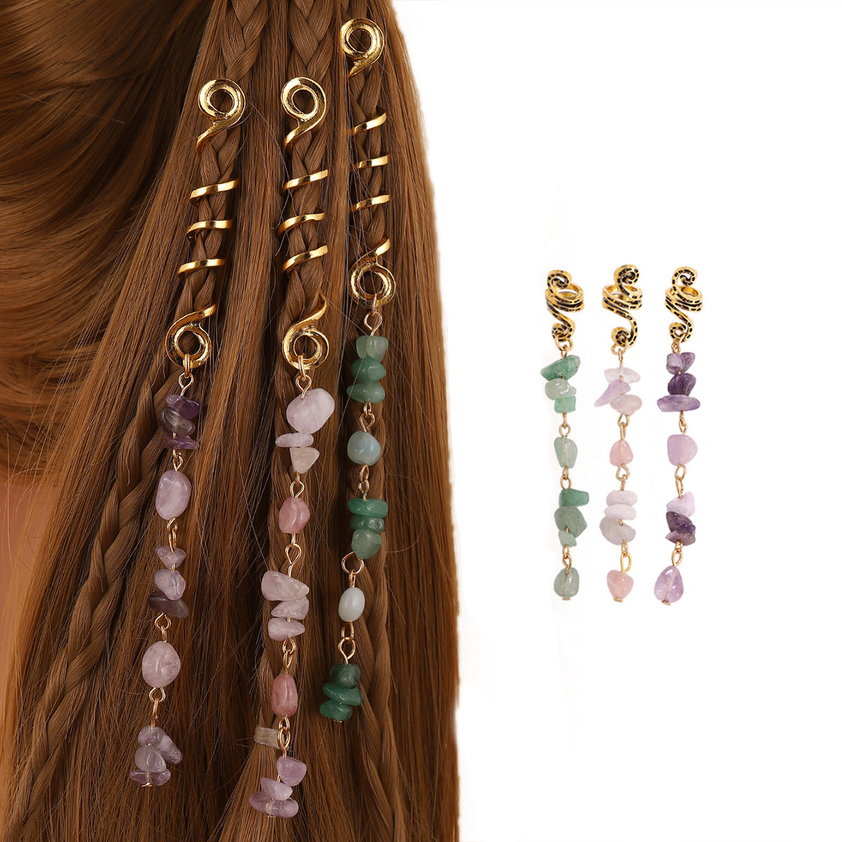 Short Natural Stone Pendant Hair Braid Spiral Coil Hair Clips L4937 – Ole
